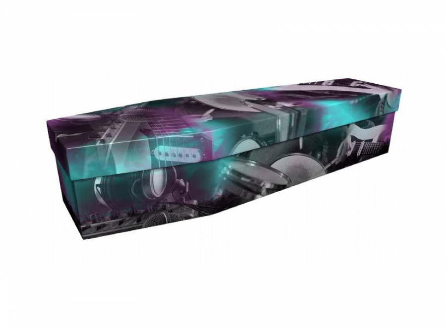 Cardboard Coffin with Rock festival picture - The green coffin company.com